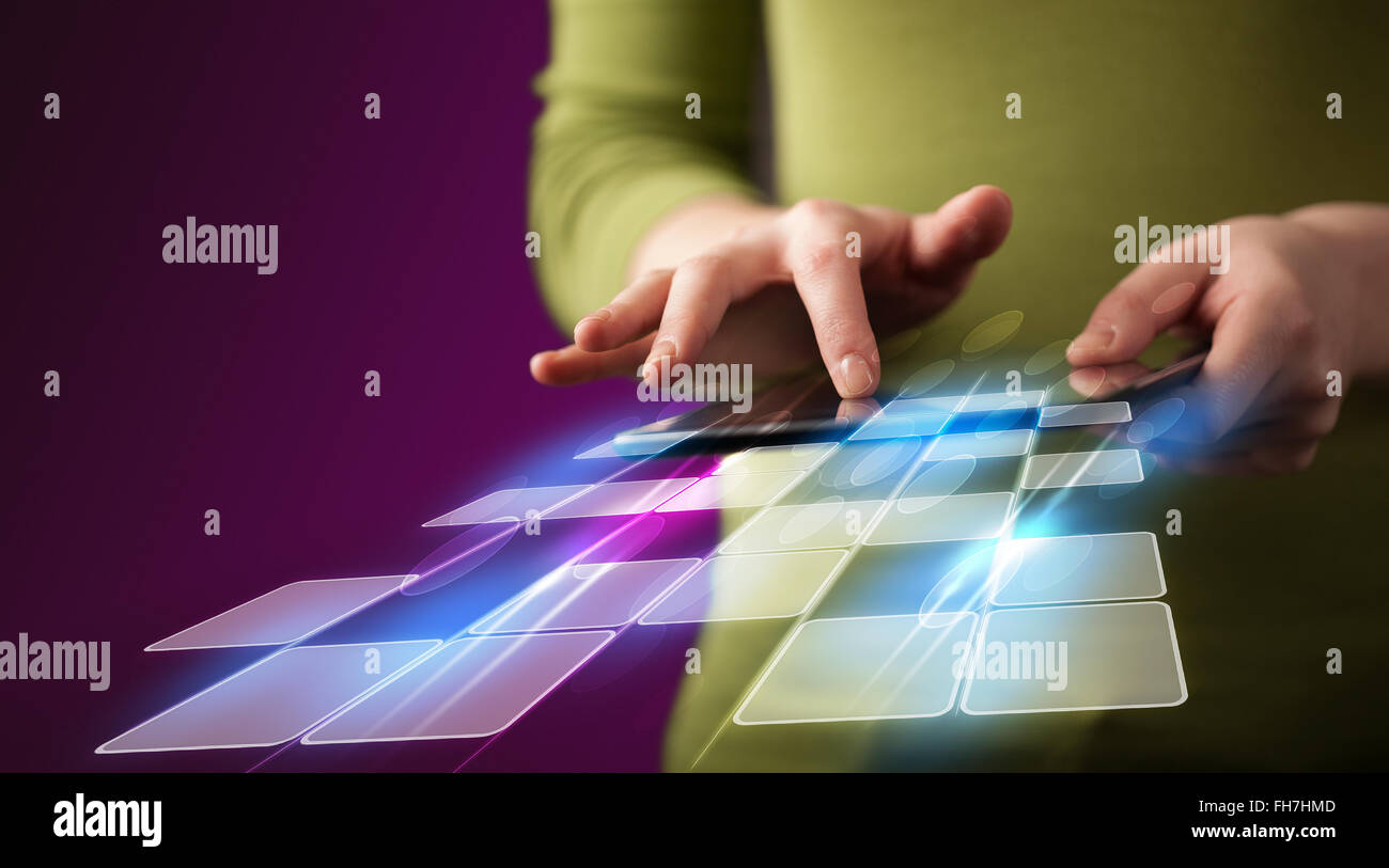 Close up of hand holding tablet with cyber application Stock Photo - Alamy