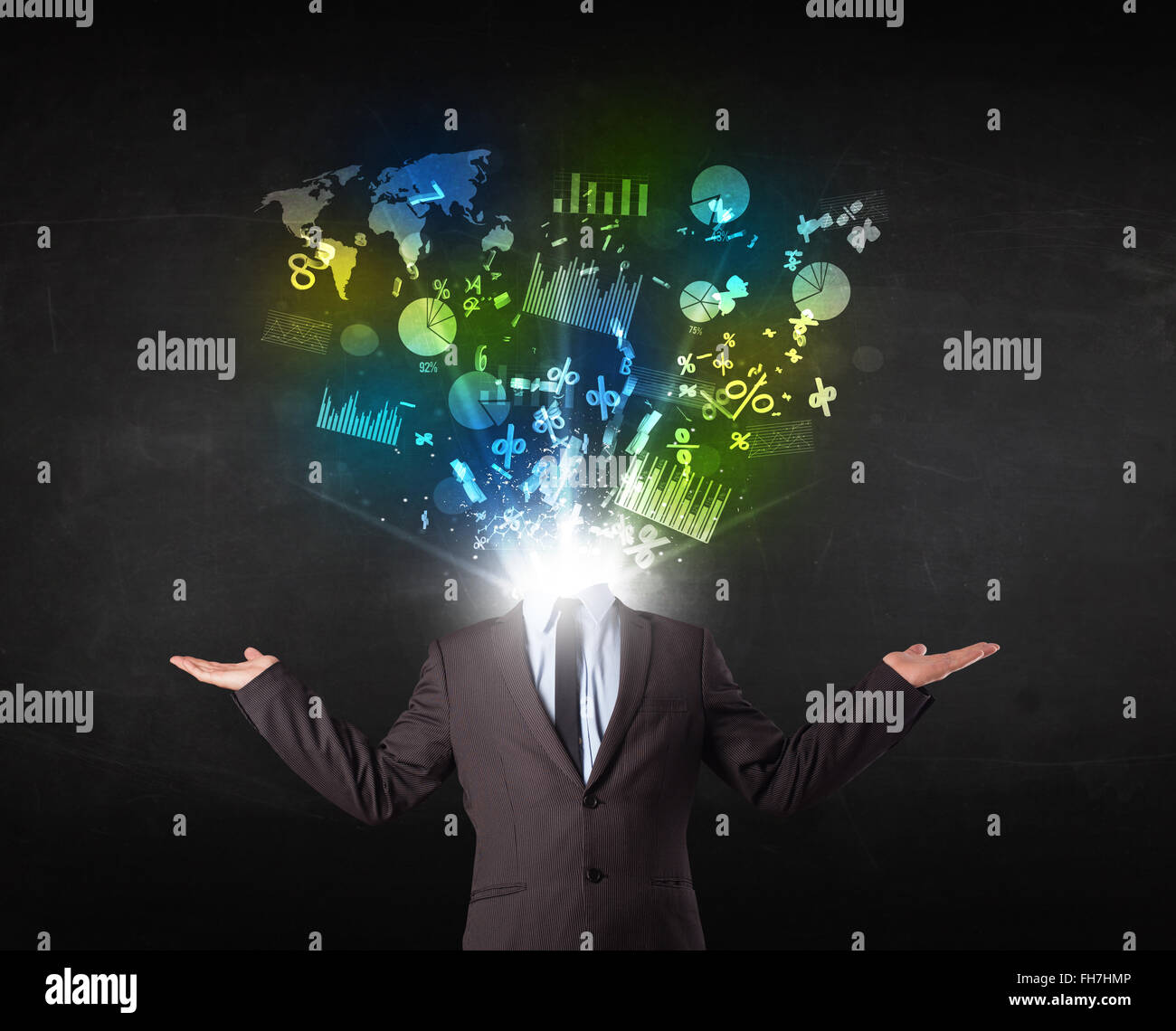 Business man in suit with graph and charts exploding from his body ...