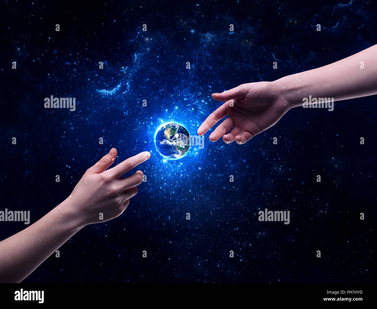 Hands in space touching planet earth Stock Photo - Alamy