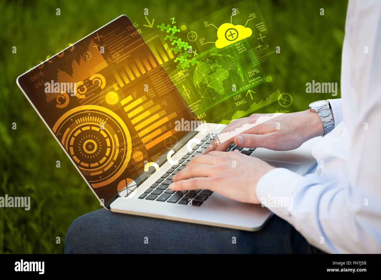 Modern notebook computer with future technology symbols Stock Photo - Alamy