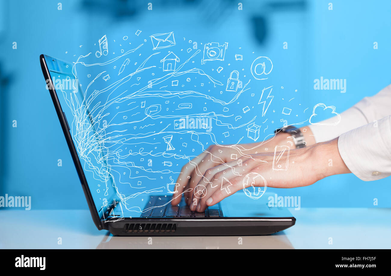 Man pressing notebook laptop computer with doodle icon cloud symbols ...