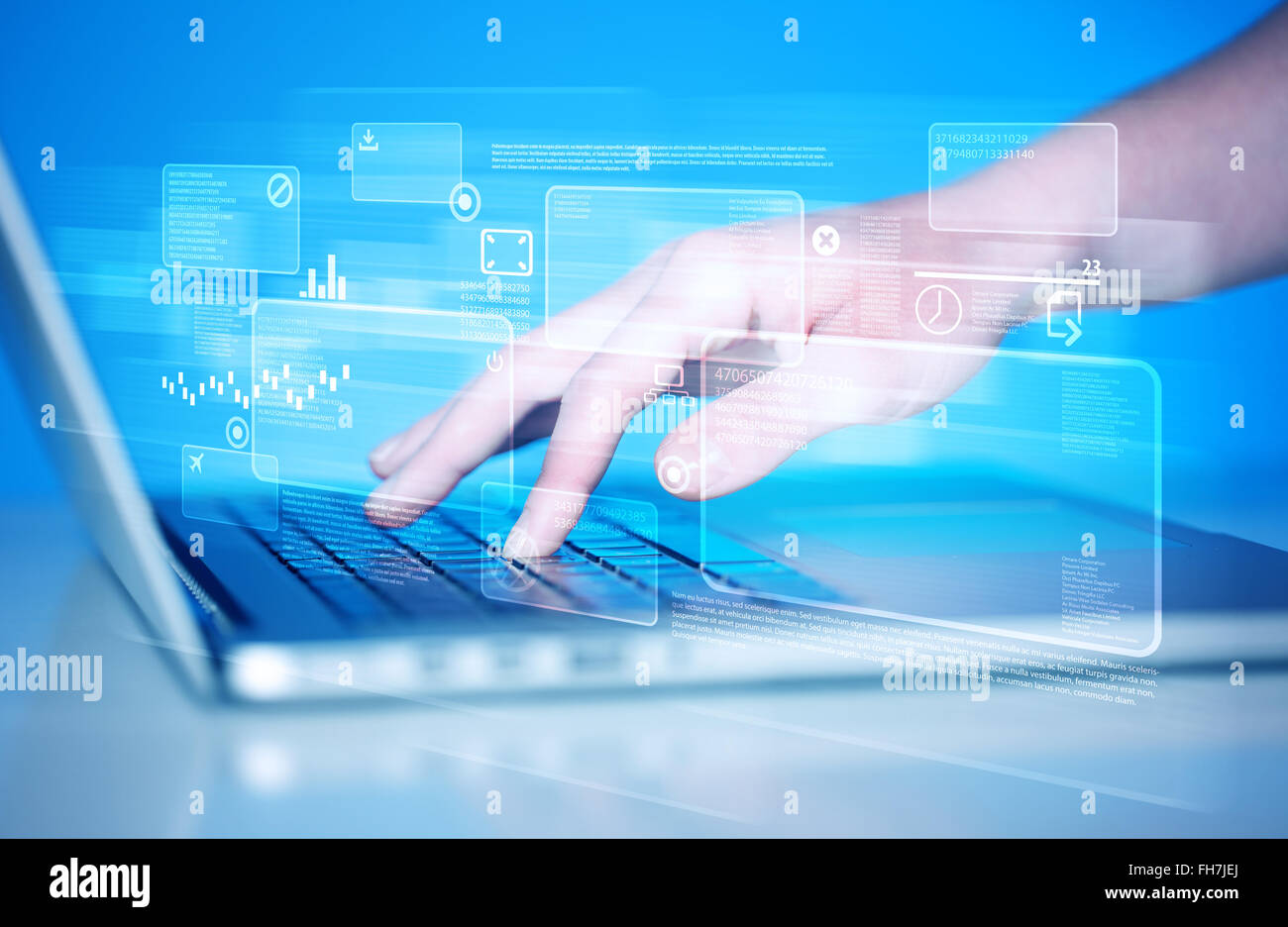Hand touching keyboard with high tech buttons Stock Photo - Alamy