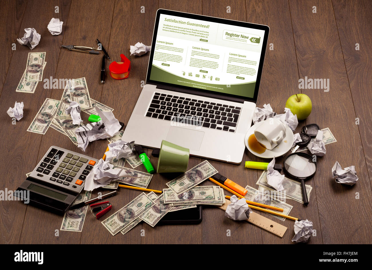 Business table with notebook computer and office accessories Stock ...