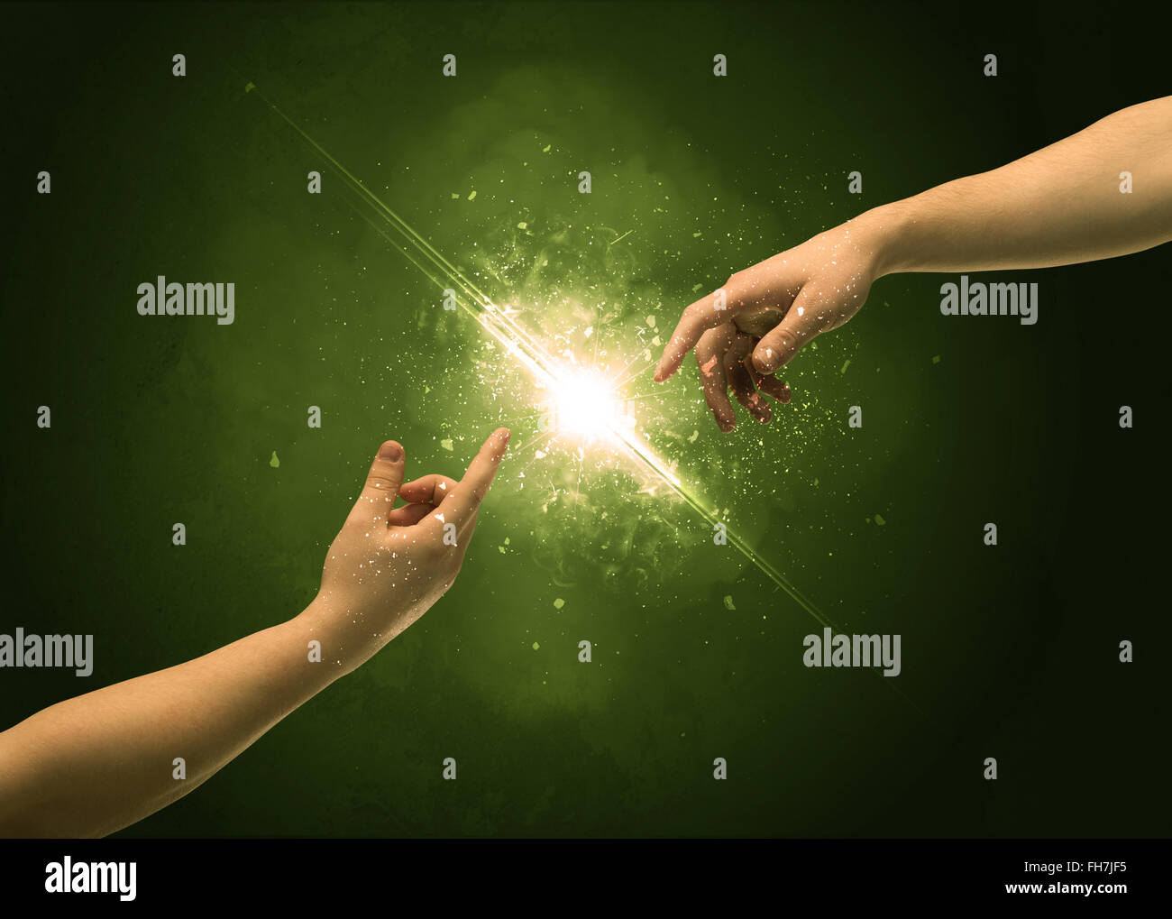 Touching arms lighting spark at fingertip Stock Photo - Alamy
