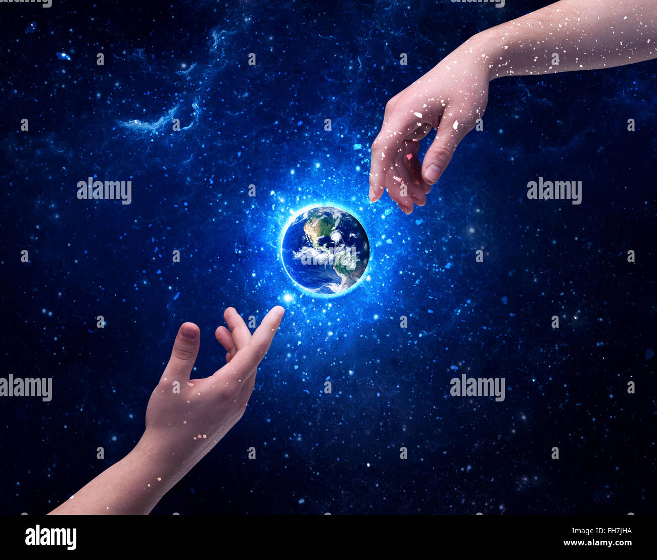 Hands in space touching planet earth Stock Photo - Alamy