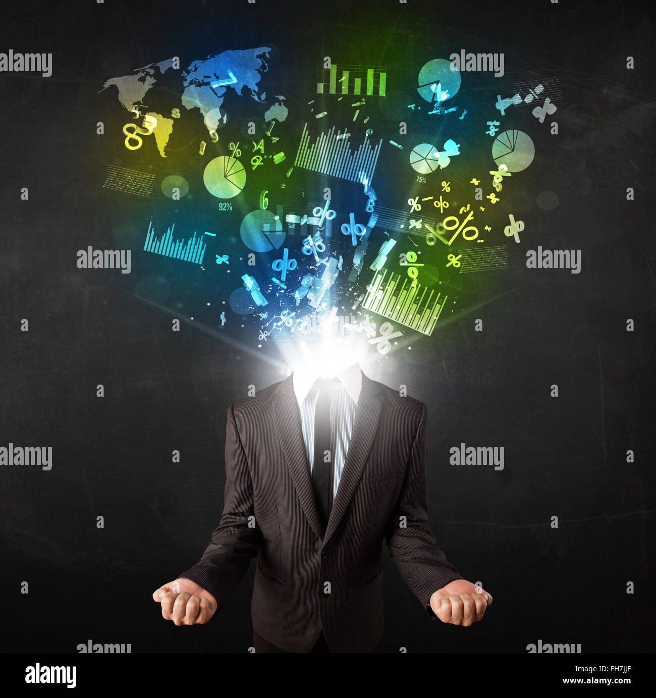 Business man in suit with graph and charts exploding from his body ...