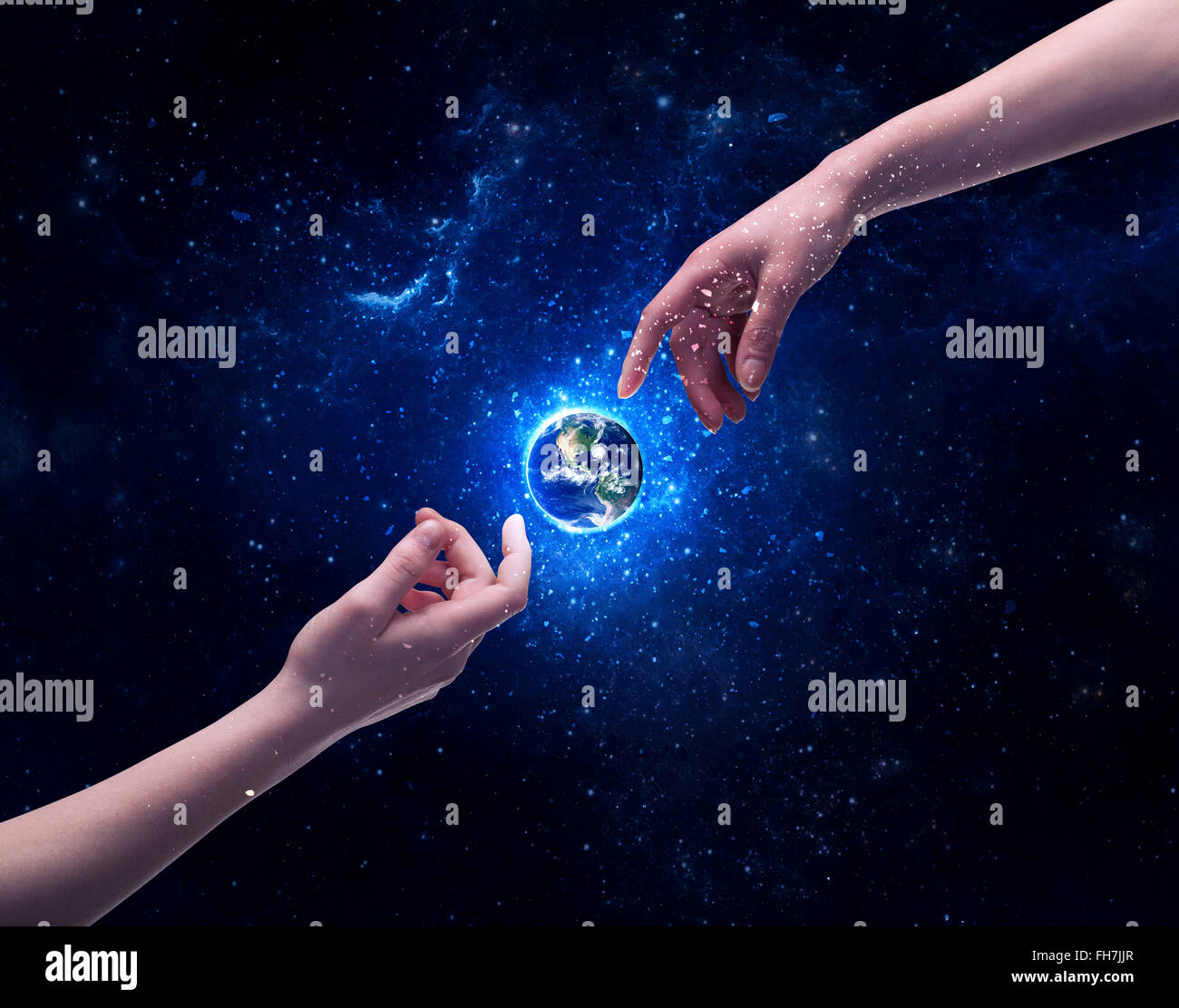 Hands in space touching planet earth Stock Photo - Alamy