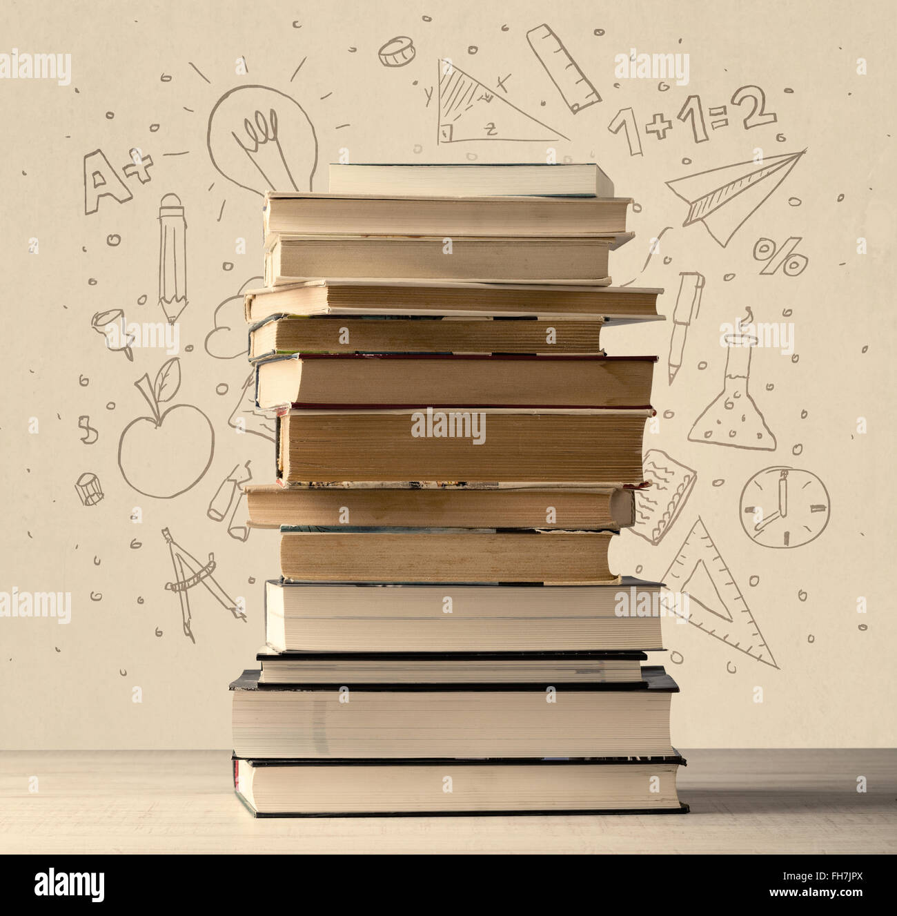 A pile of books on table with school hand drawn doodle sketches Stock ...