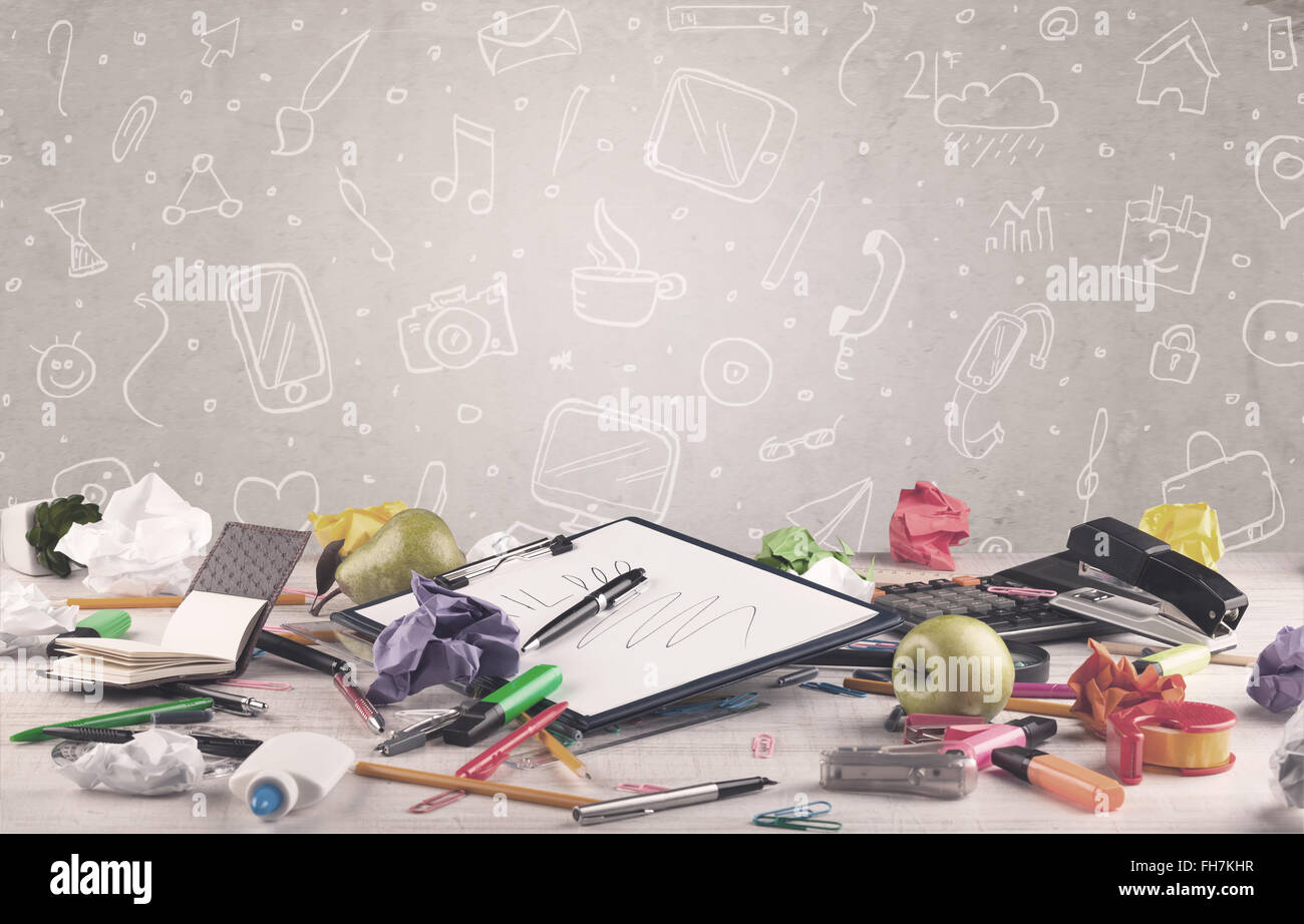 Design office desk with drawings background Stock Photo - Alamy