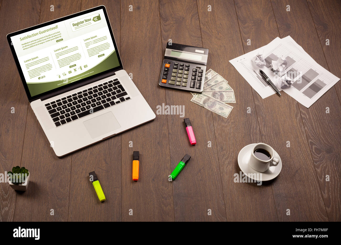 Business table with notebook computer and office accessories Stock ...