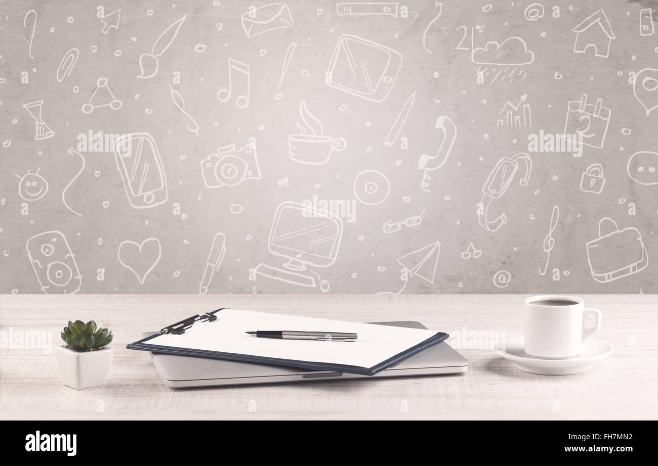 Design office desk with drawings background Stock Photo - Alamy