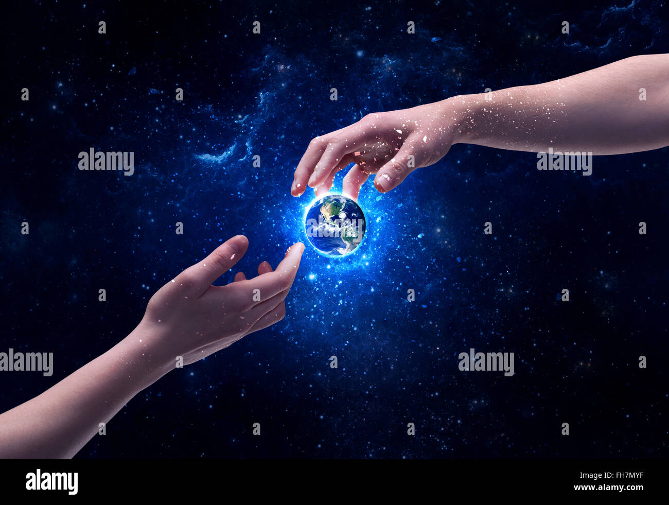Hands in space touching planet earth Stock Photo - Alamy