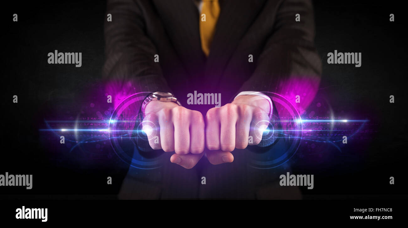 Business man holding future technology data system network Stock Photo ...