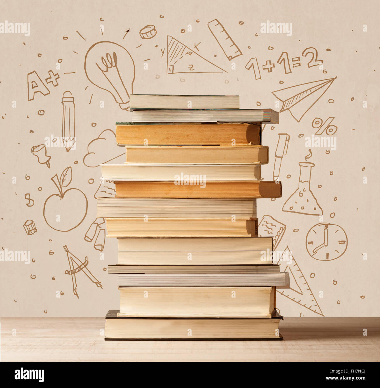 A pile of books on table with school hand drawn doodle sketches Stock ...