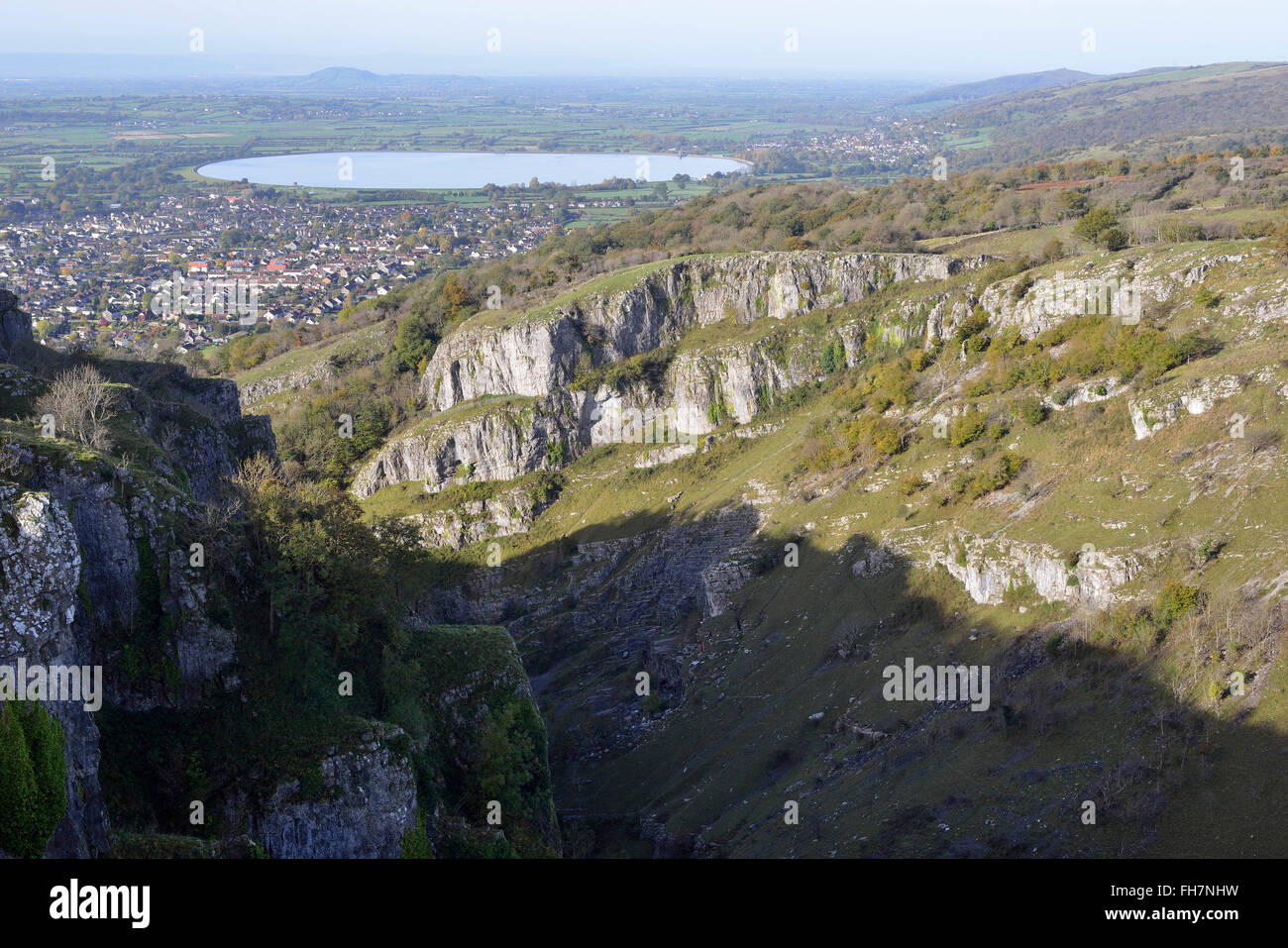 Cheddar Gorge viewed from Cheddar Cliffs, with Cheddar Reservoir, Brent ...