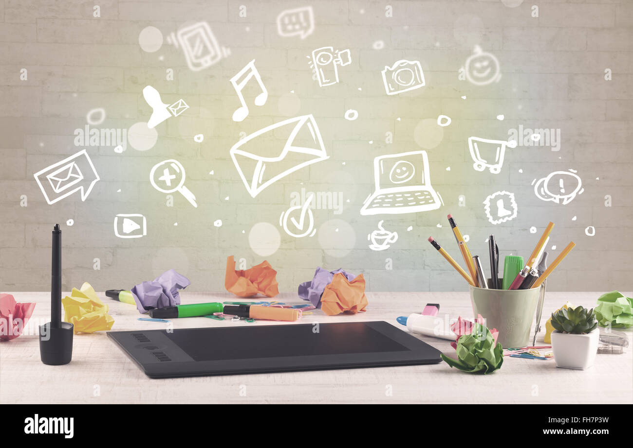 Office desk with communication icons Stock Photo - Alamy