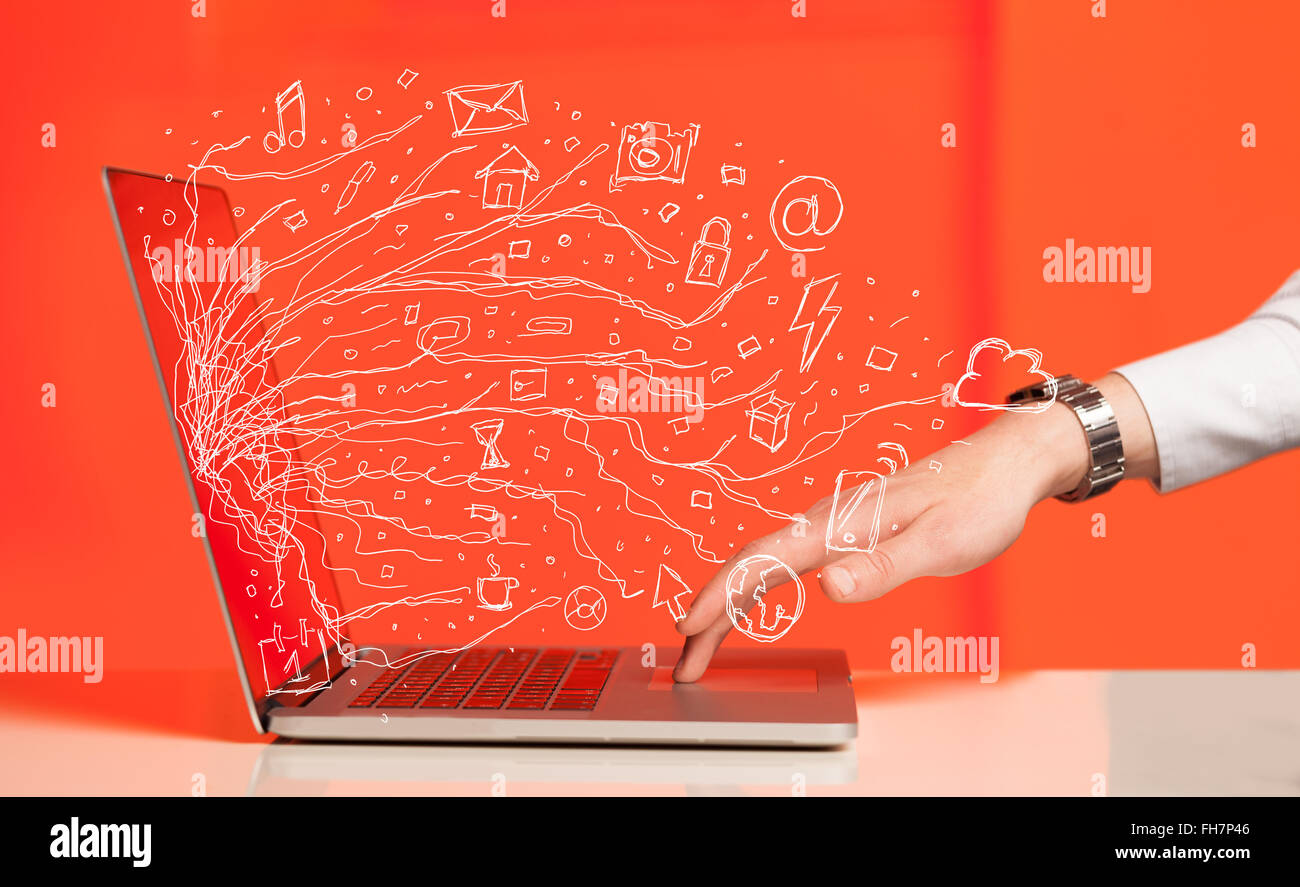 Man pressing notebook laptop computer with doodle icon cloud symbols ...