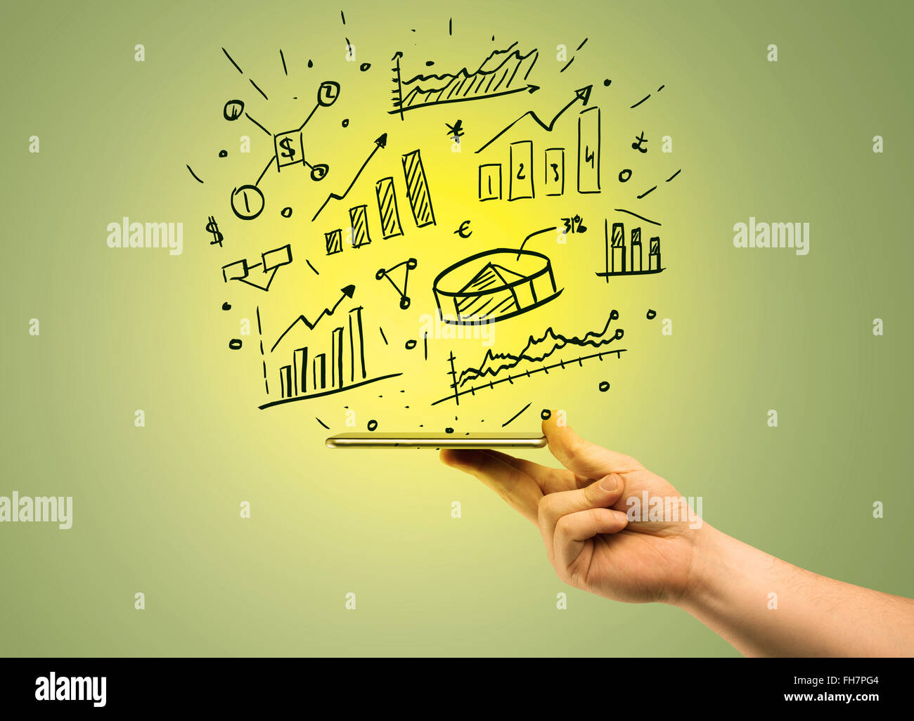 Sales charts on top of mobile phone in hand Stock Photo - Alamy