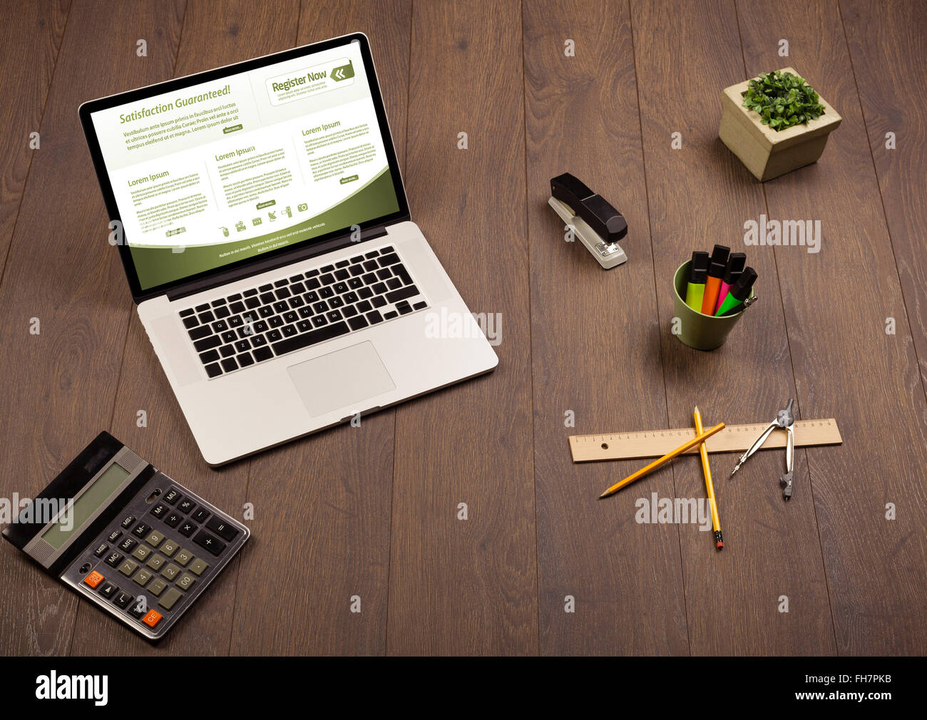 Business table with notebook computer and office accessories Stock ...