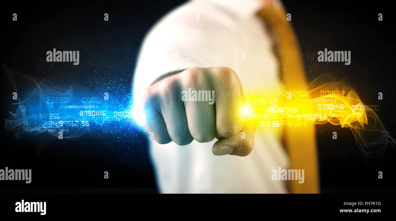 Man holding colorful glowing data in his hands Stock Photo - Alamy