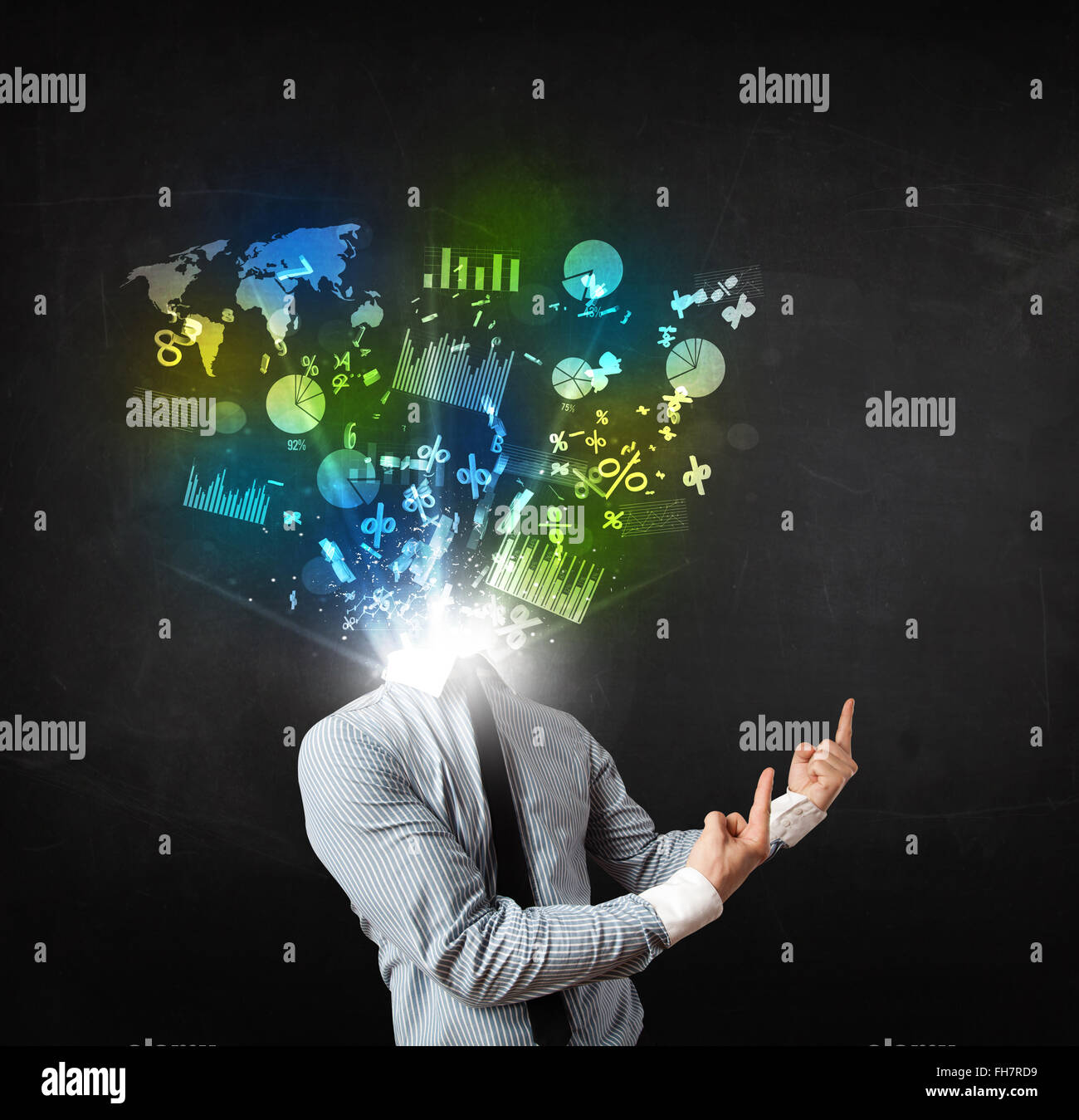 Business man in suit with graph and charts exploding from his body ...
