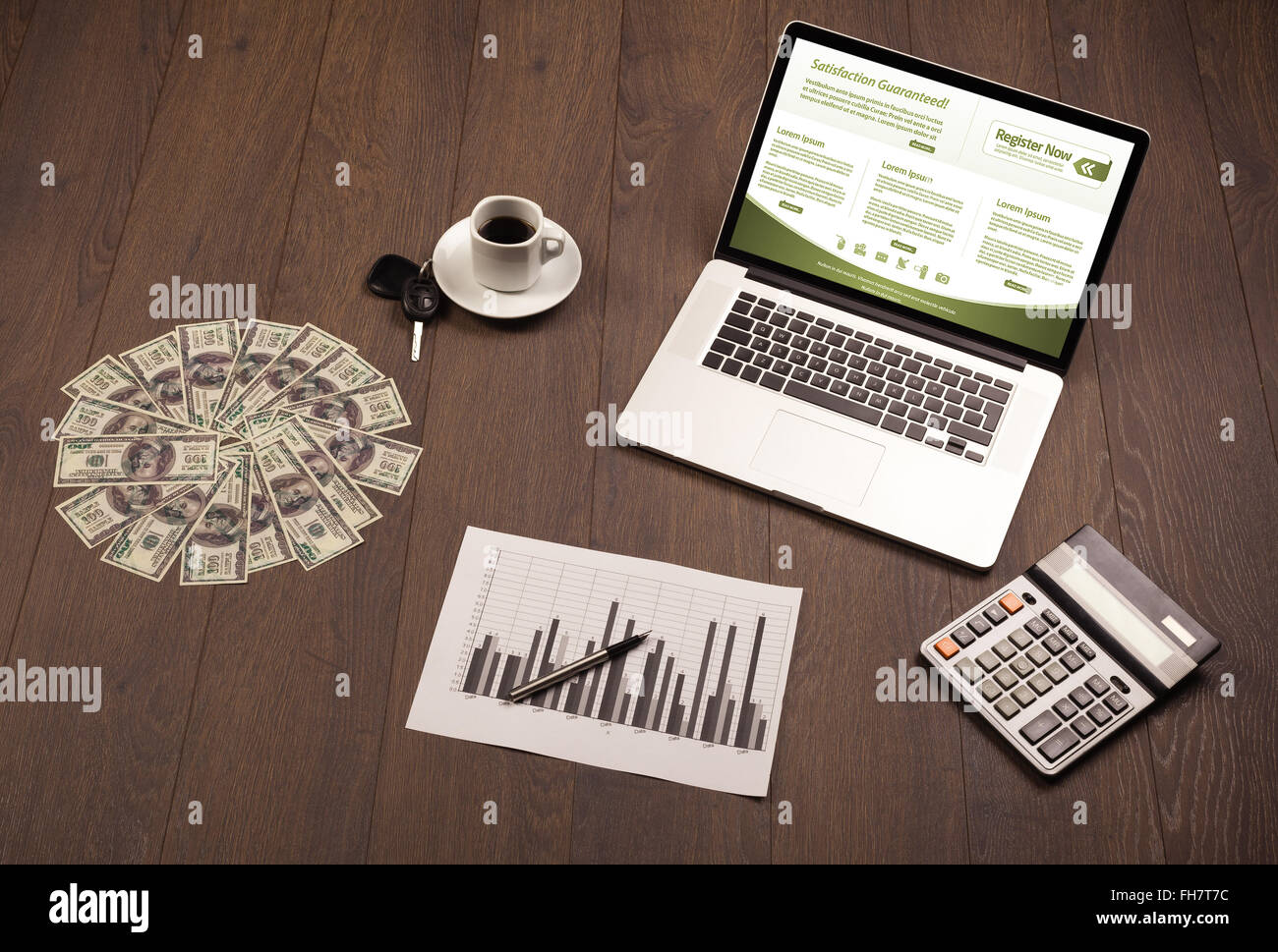 Business table with notebook computer and office accessories Stock ...
