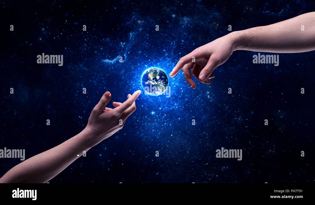 Hands in space touching planet earth Stock Photo - Alamy