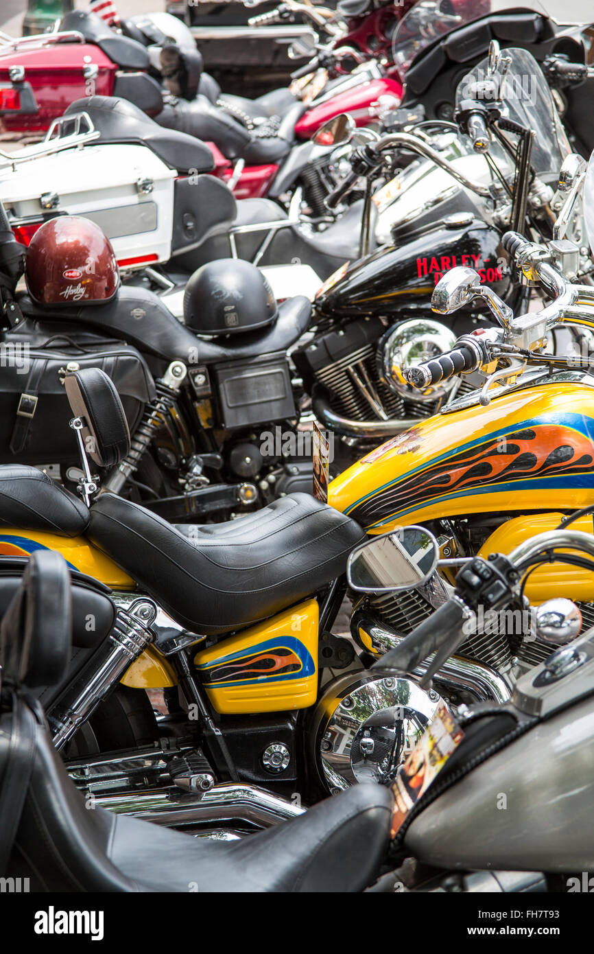 A line of motorcycles sit on 6th Street in Austin, Texas Stock Photo ...