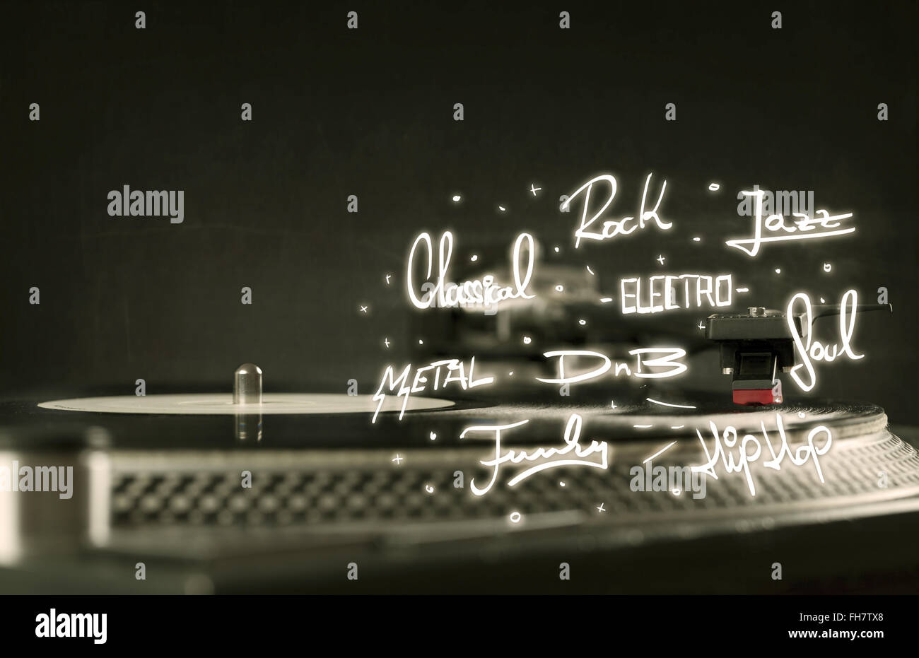 Turntable with vinyl and music genres writen Stock Photo - Alamy