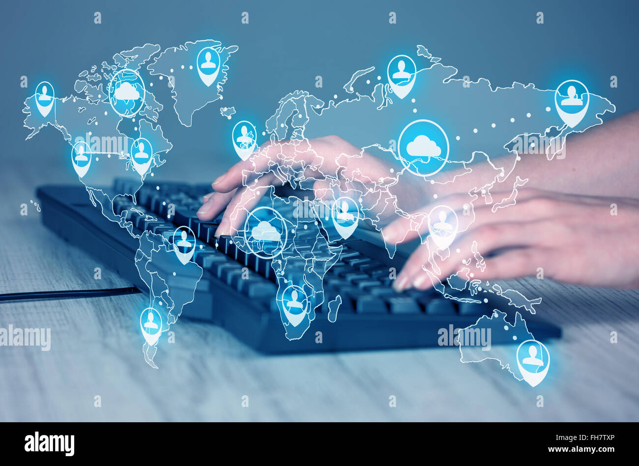 Keyboard with high tech user map icons Stock Photo - Alamy