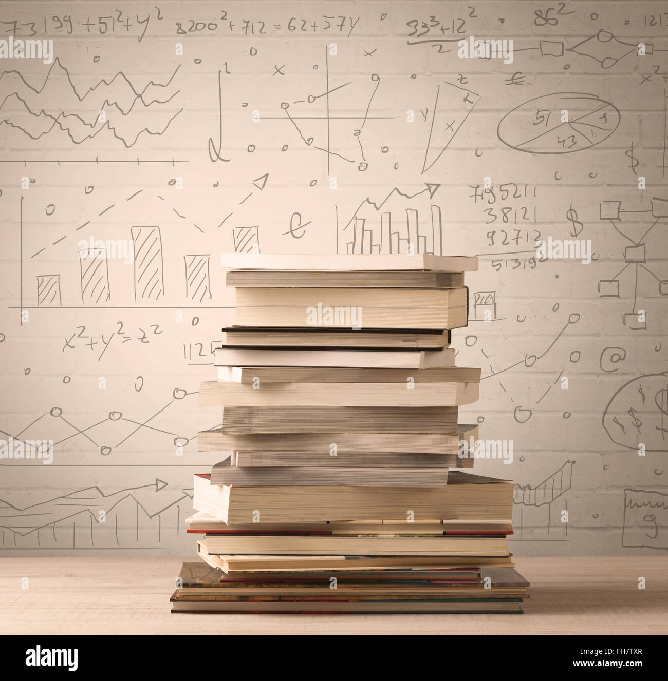 A pile of books with math formulas written in doodle style Stock Photo ...