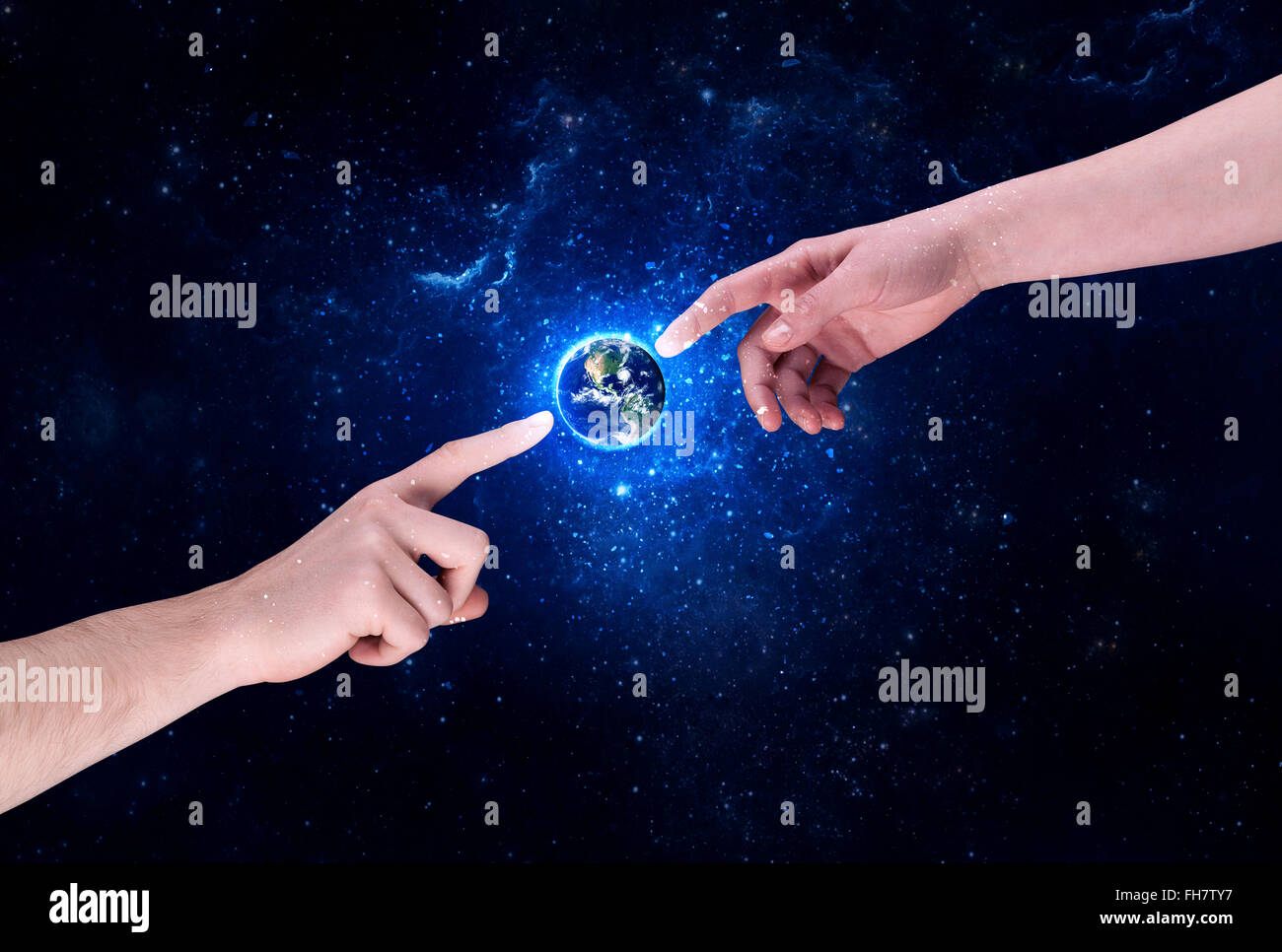 Hands in space touching planet earth Stock Photo - Alamy