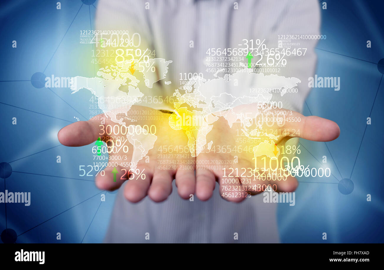 Business person holding earth statistics map Stock Photo - Alamy