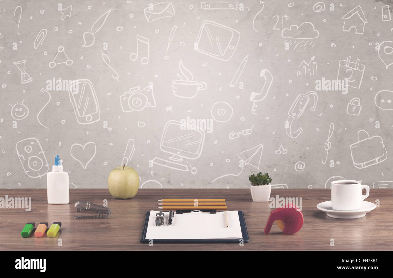 Design office desk with drawings background Stock Photo - Alamy