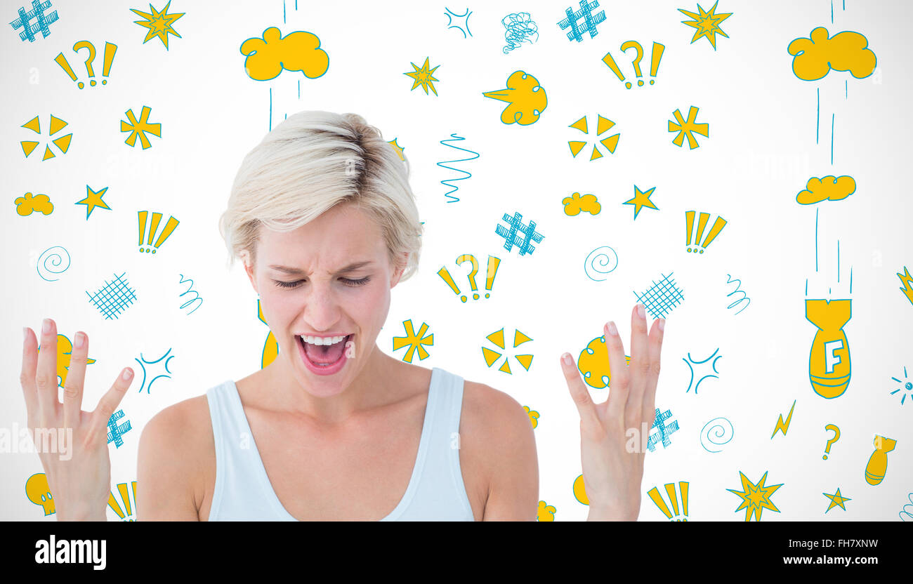 Composite image of angry blonde yelling with hands up Stock Photo - Alamy