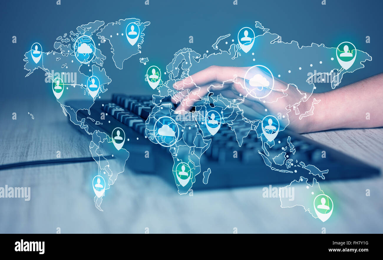 Keyboard with high tech user map icons Stock Photo - Alamy
