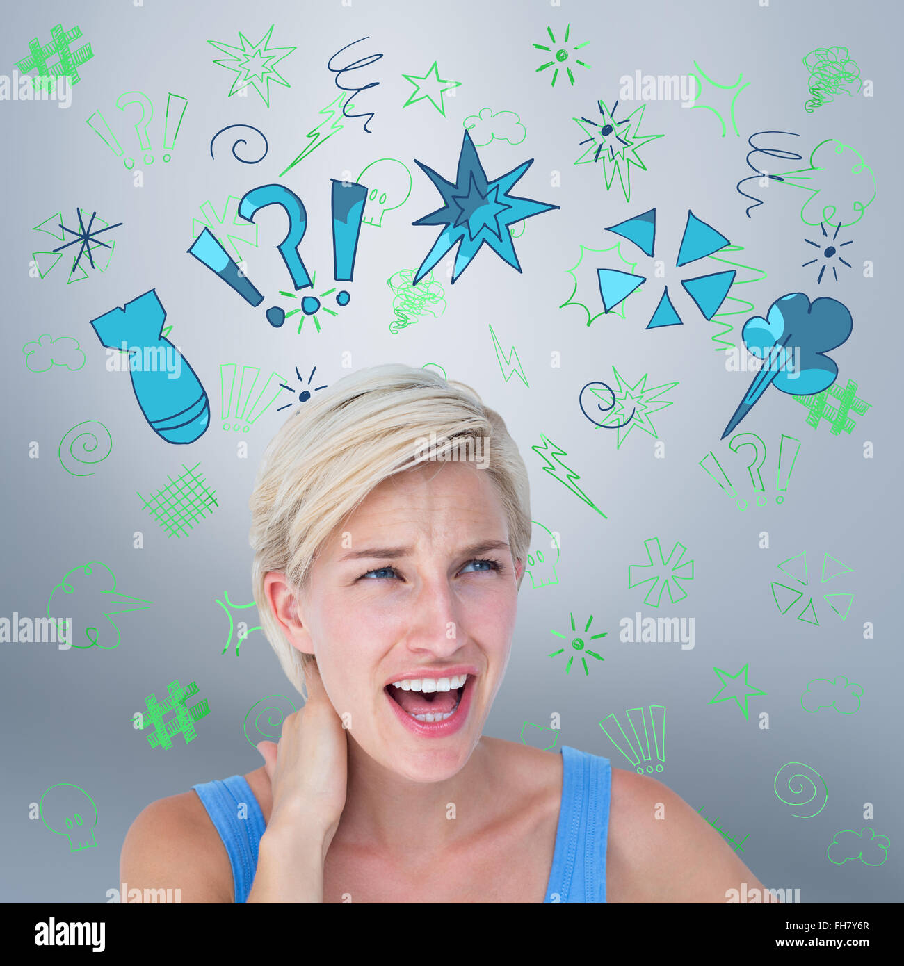 Composite image of woman screaming and suffering from neck pain Stock ...