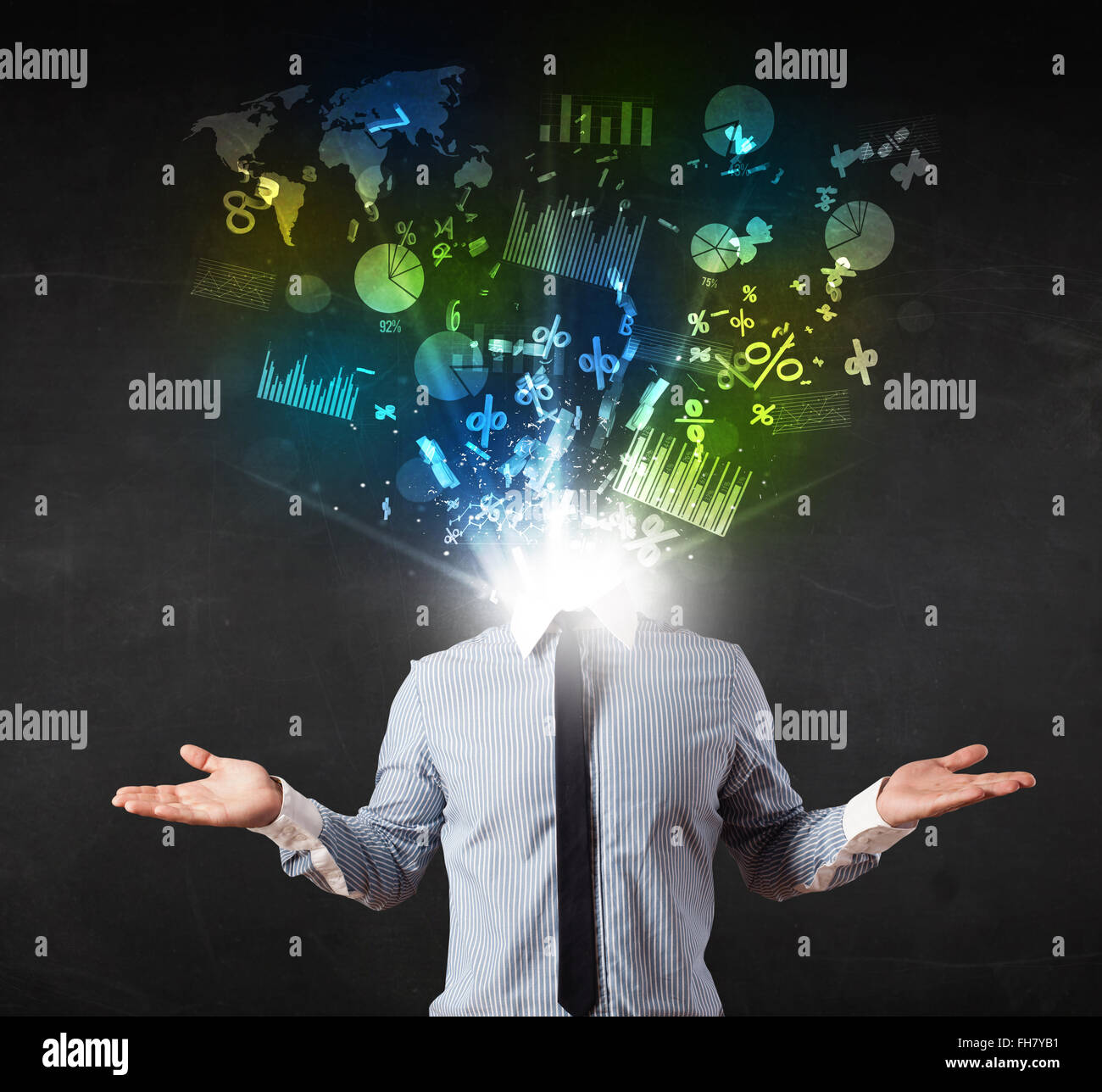 Business man in suit with graph and charts exploding from his body ...