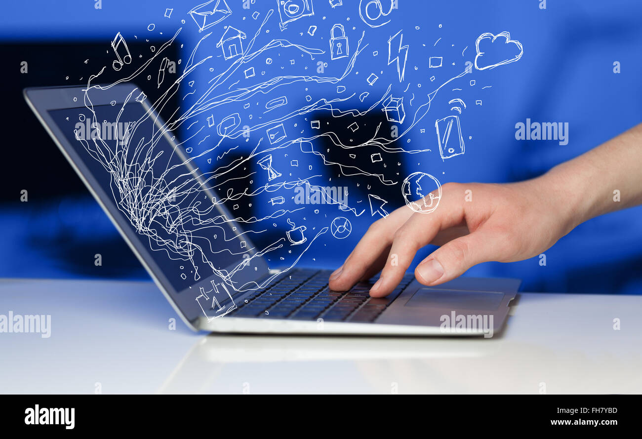 Man pressing notebook laptop computer with doodle icon cloud symbols ...