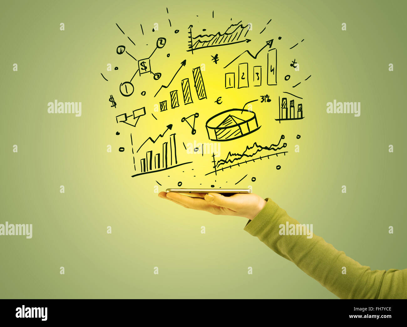 Sales charts on top of mobile phone in hand Stock Photo - Alamy