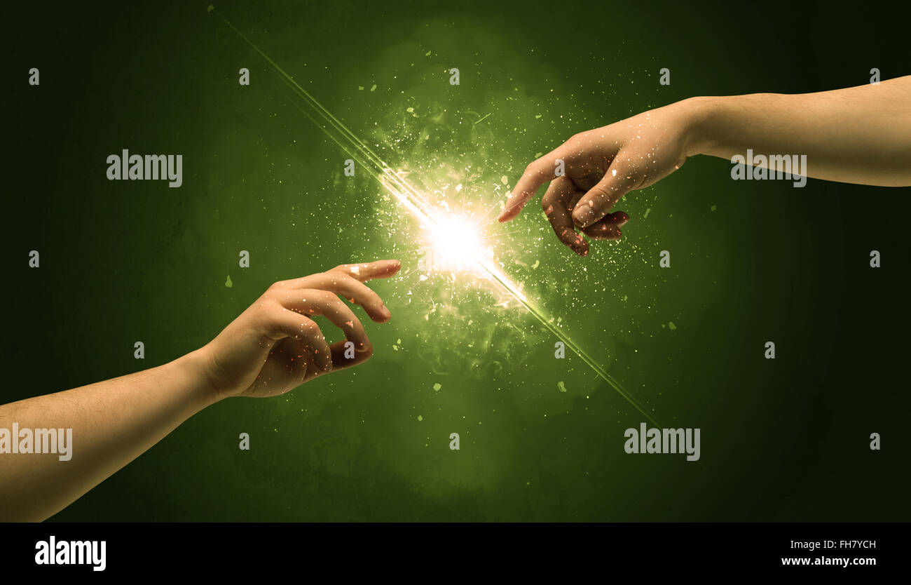Touching arms lighting spark at fingertip Stock Photo - Alamy