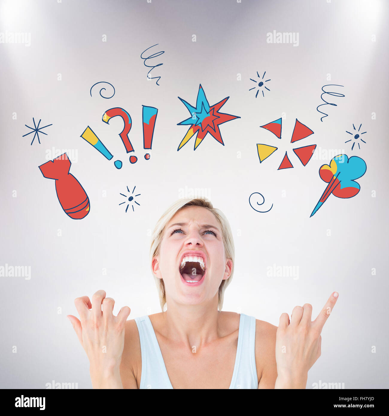 Composite image of upset woman screaming with hands up Stock Photo - Alamy