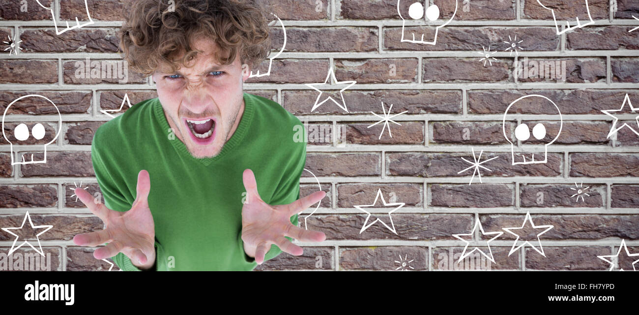 Composite image of portrait of furious man screaming over white ...