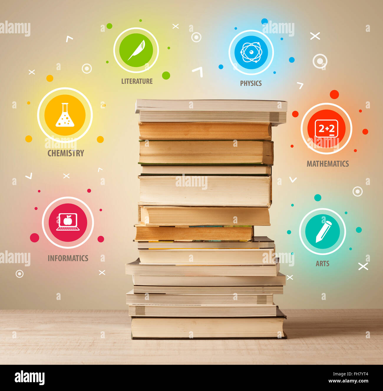Books on top with colorful symbols on vintage background Stock Photo ...
