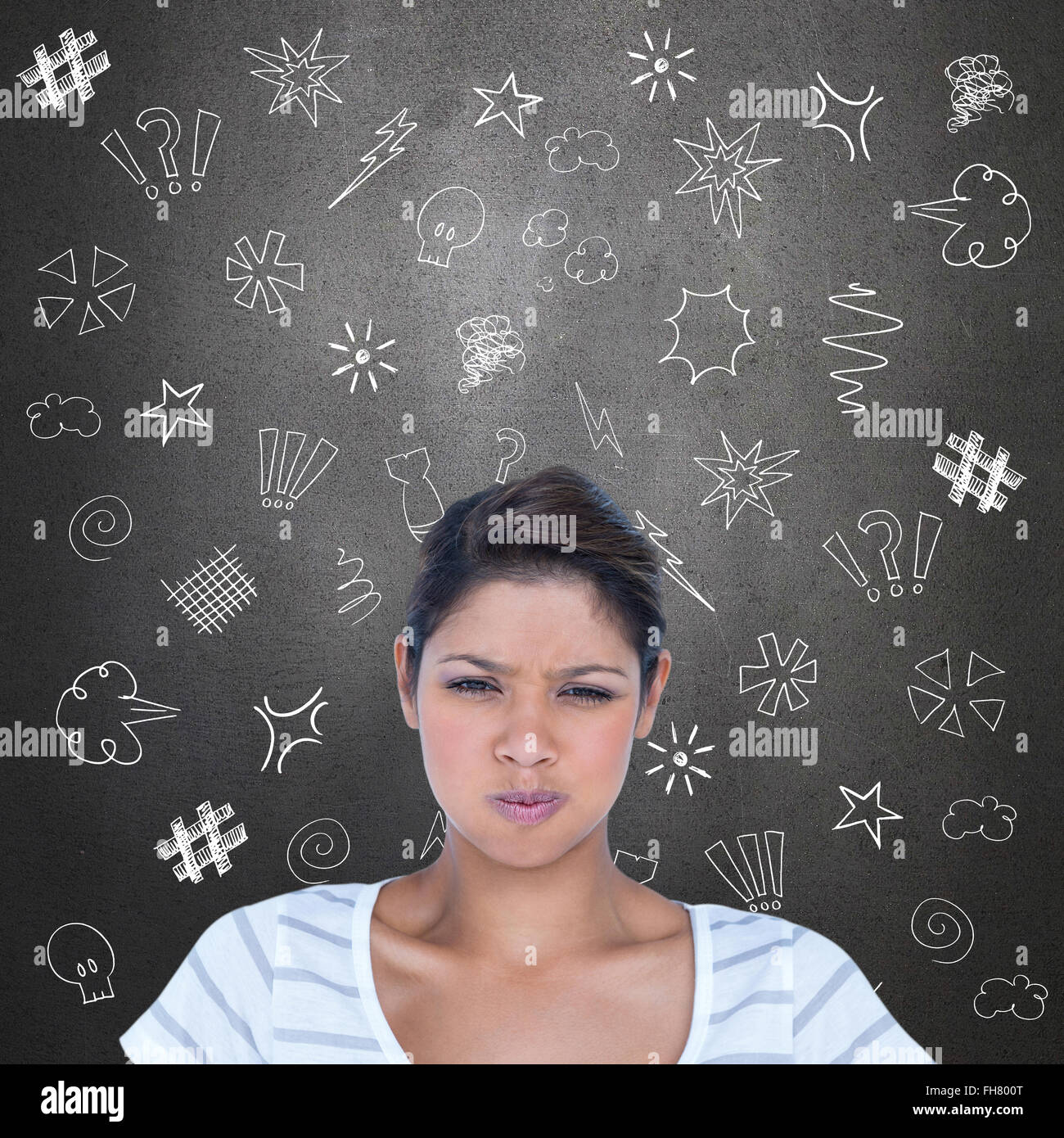 Composite image of portrait of angry woman pulling face Stock Photo - Alamy