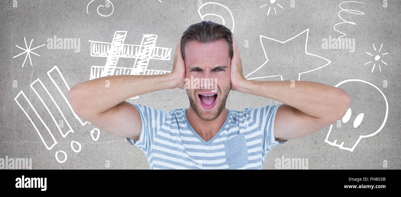 Composite image of handsome man screaming while covering ears Stock ...