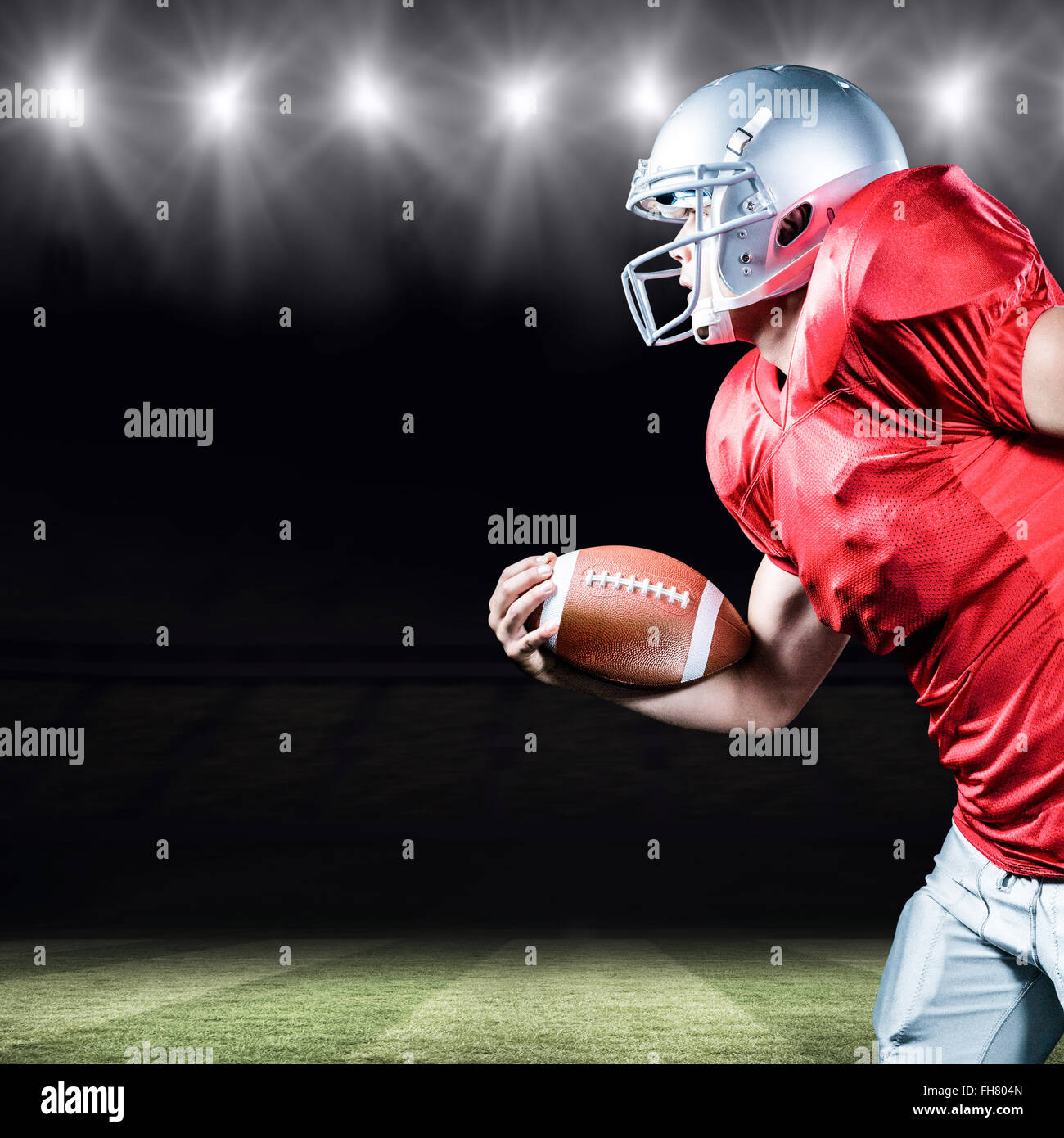 Composite image of side view of sportsman running while playing ...