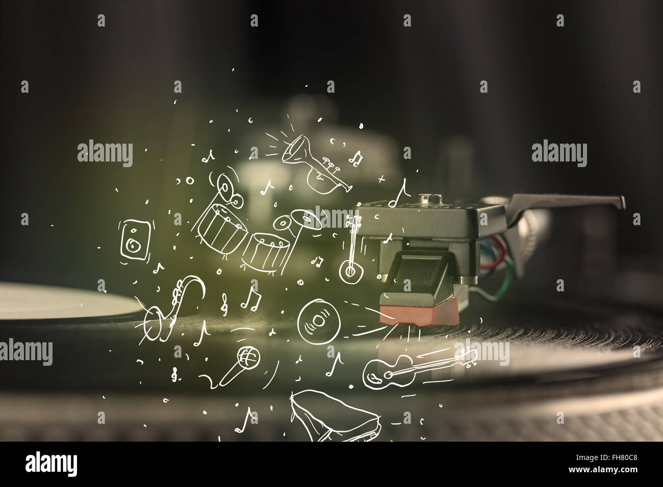 Turntable playing classical music with icon drawn instruments Stock ...