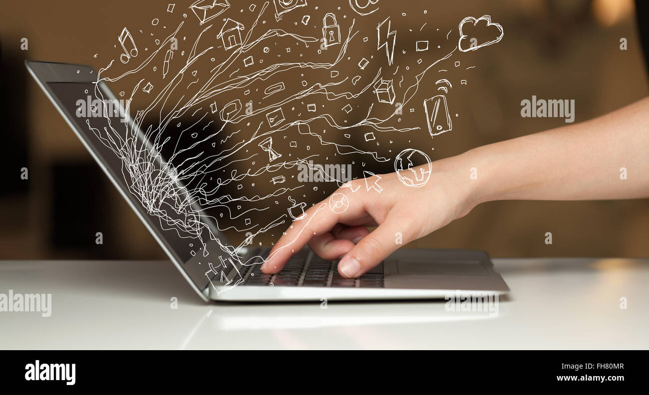 Man pressing notebook laptop computer with doodle icon cloud symbols ...