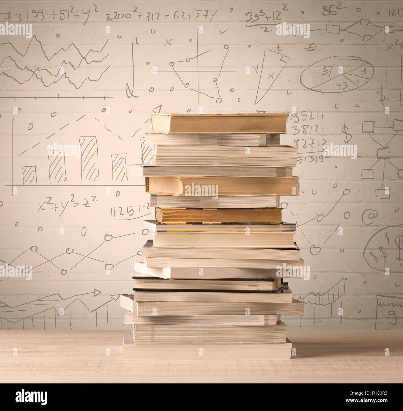 A pile of books with math formulas written in doodle style Stock Photo ...